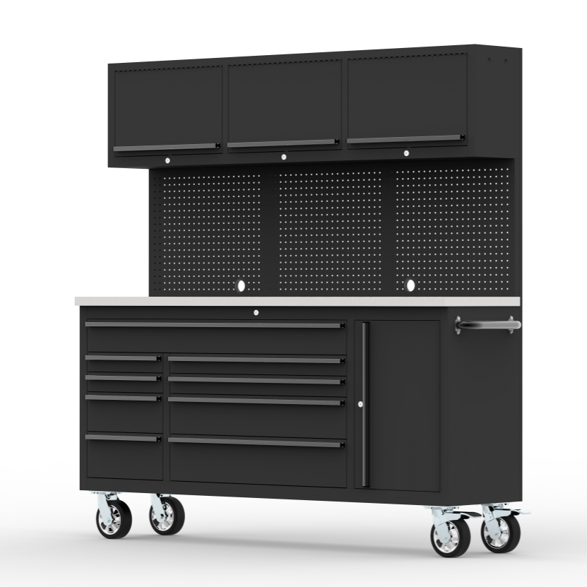 Tool Chest 1.8m Workbench with Overhead Cabinets Black Stainless Steel Top